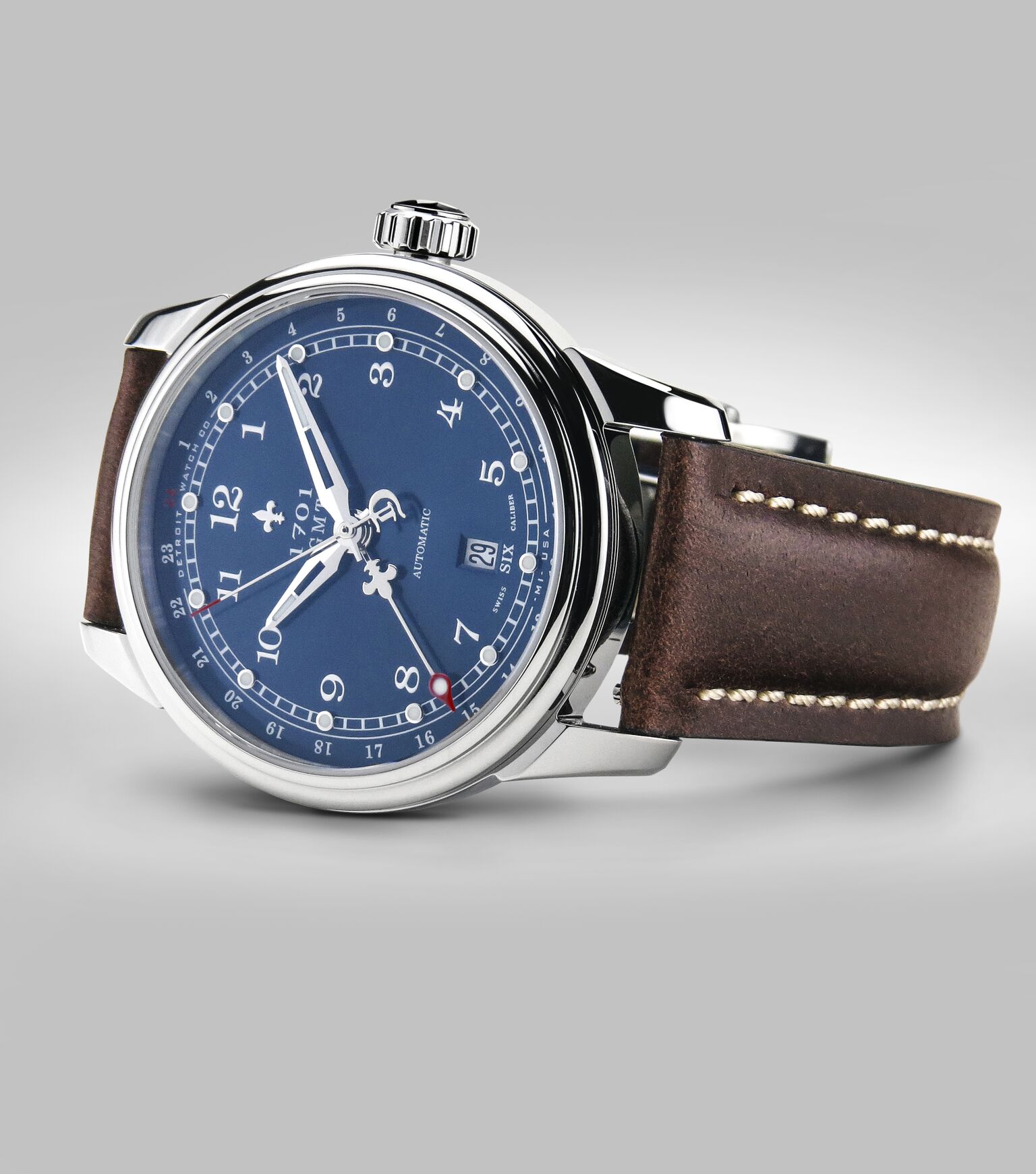 Detroit Watch Company 42mm 1701 Pontchartrain® GMT Dual Timezone Watch ...