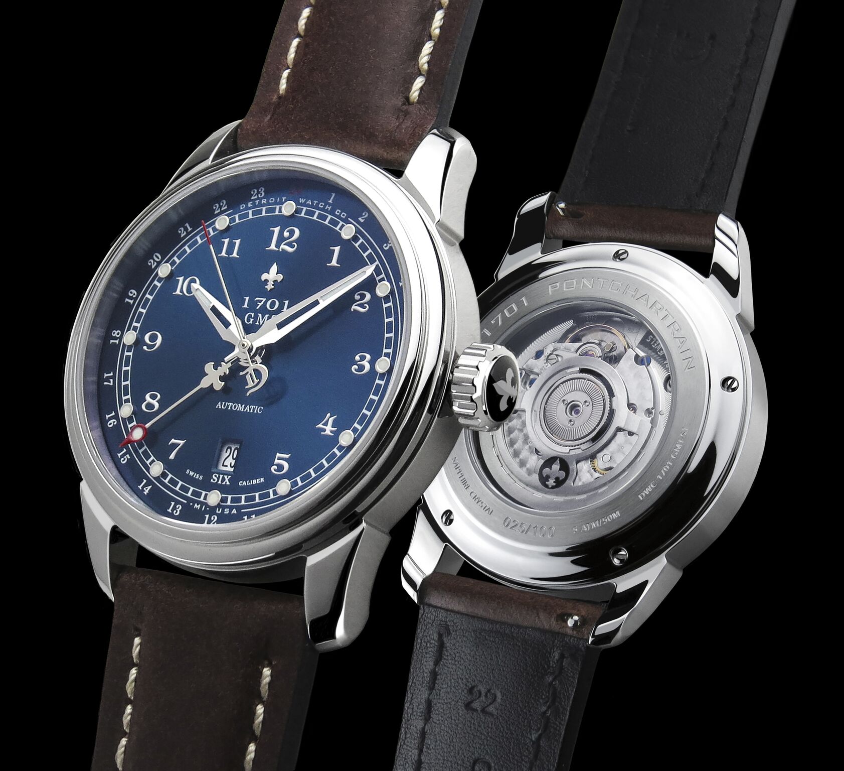 Detroit Watch Company 42mm 1701 Pontchartrain® GMT Dual Timezone Watch ...